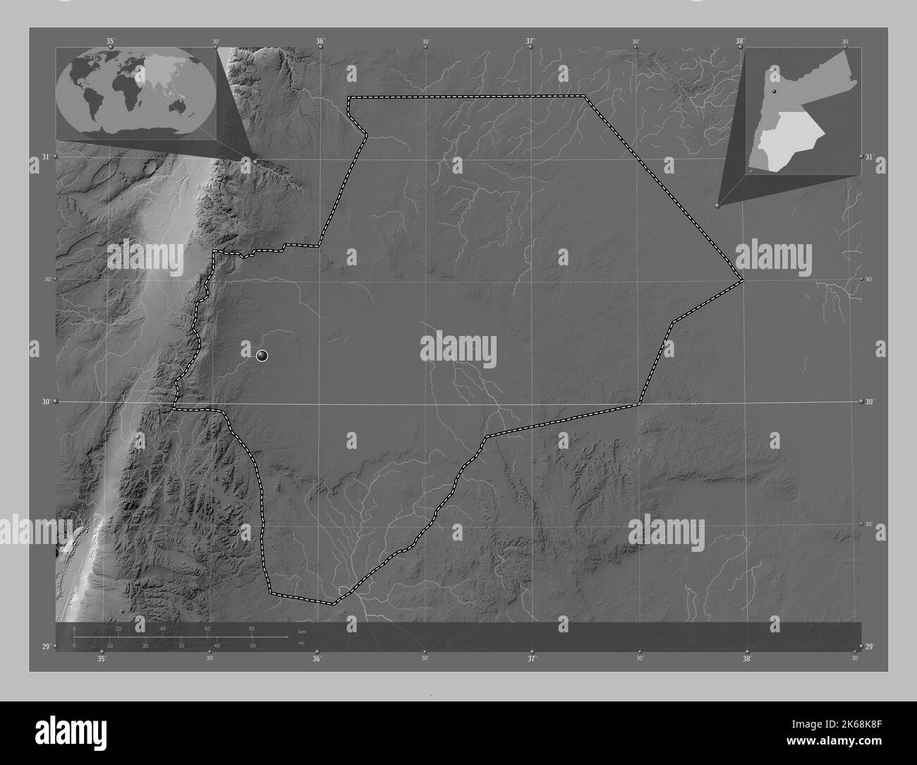 Ma`an, province of Jordan. Grayscale elevation map with lakes and ... Ma`an, province of Jordan. Grayscale elevation map with lakes and ...